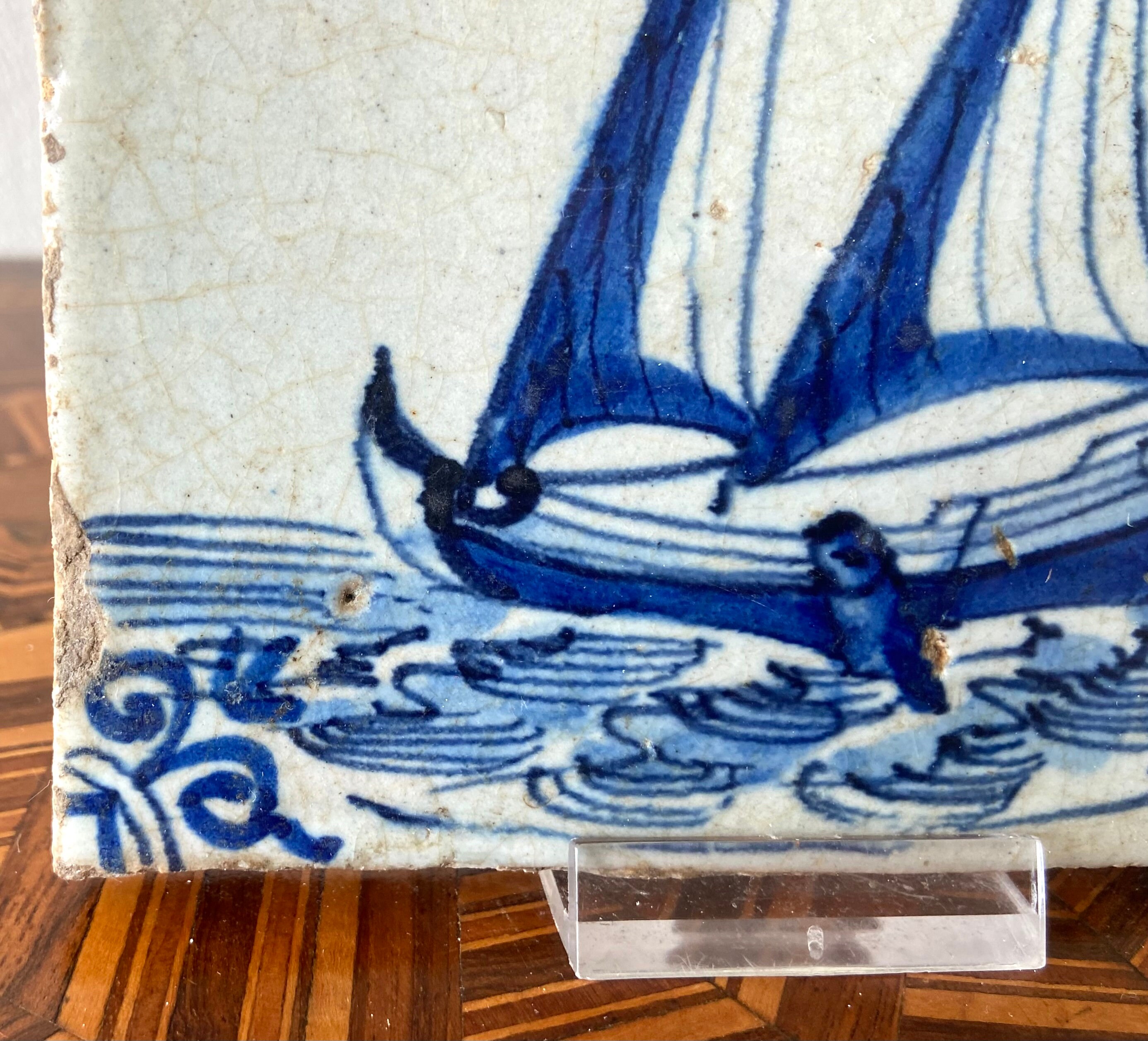 Antique Delft Tile - Sailing Ship With Three Flags - 17th Century ...