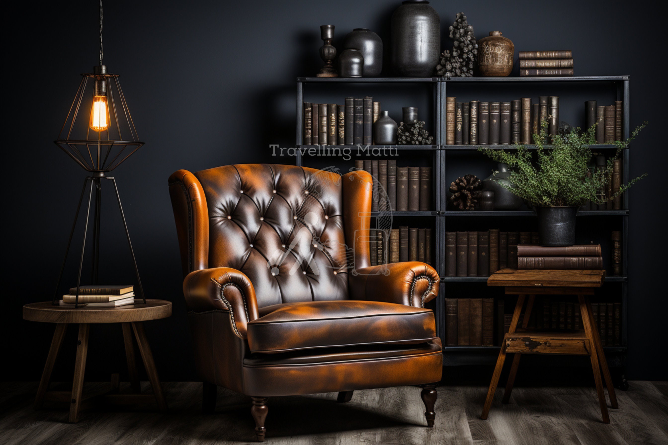 Executive Study - Leather Chair & Bookshelf Home Office Virtual ...