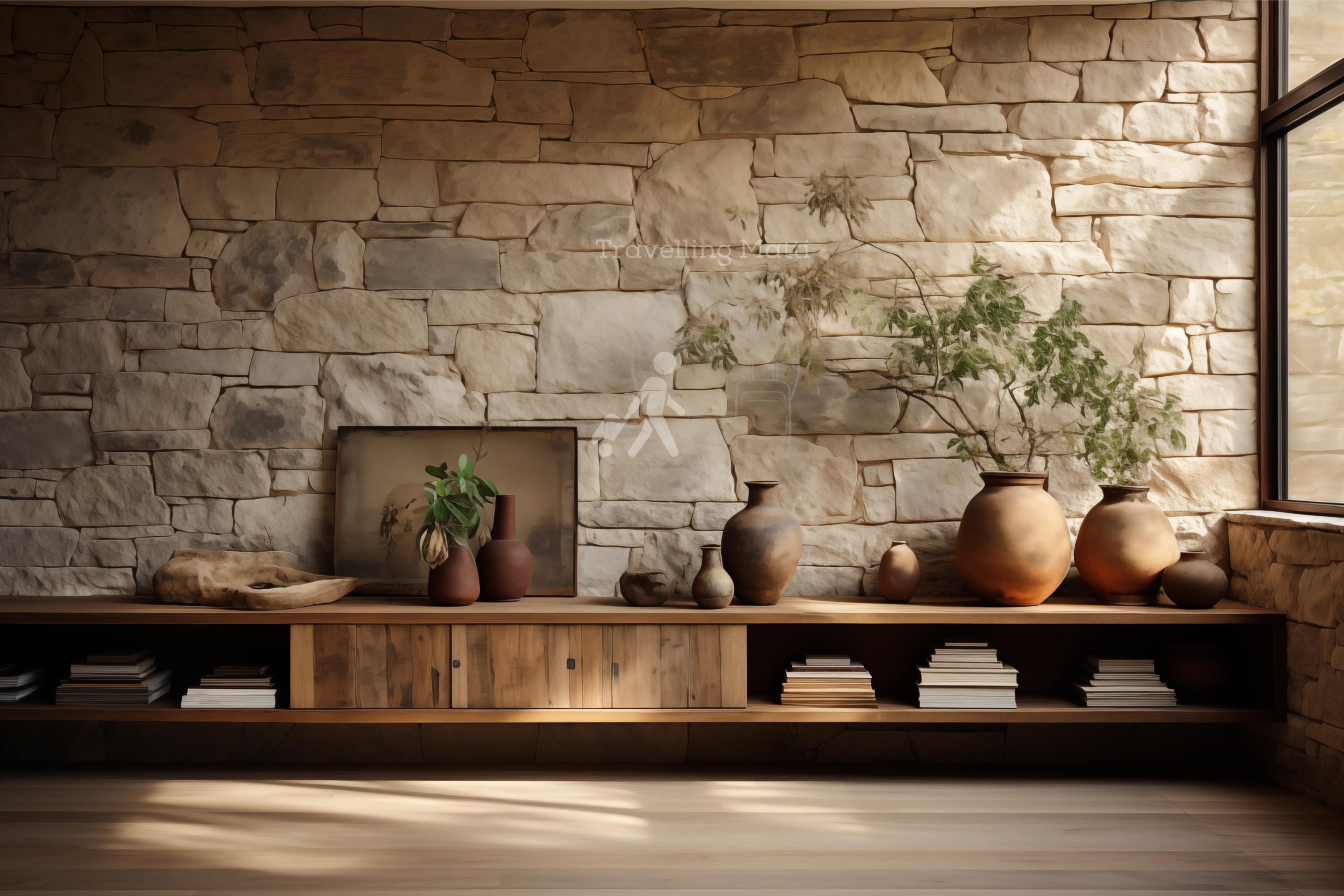 Rustic Stone Wall & Pottery Home Office Virtual Background for Zoom and ...