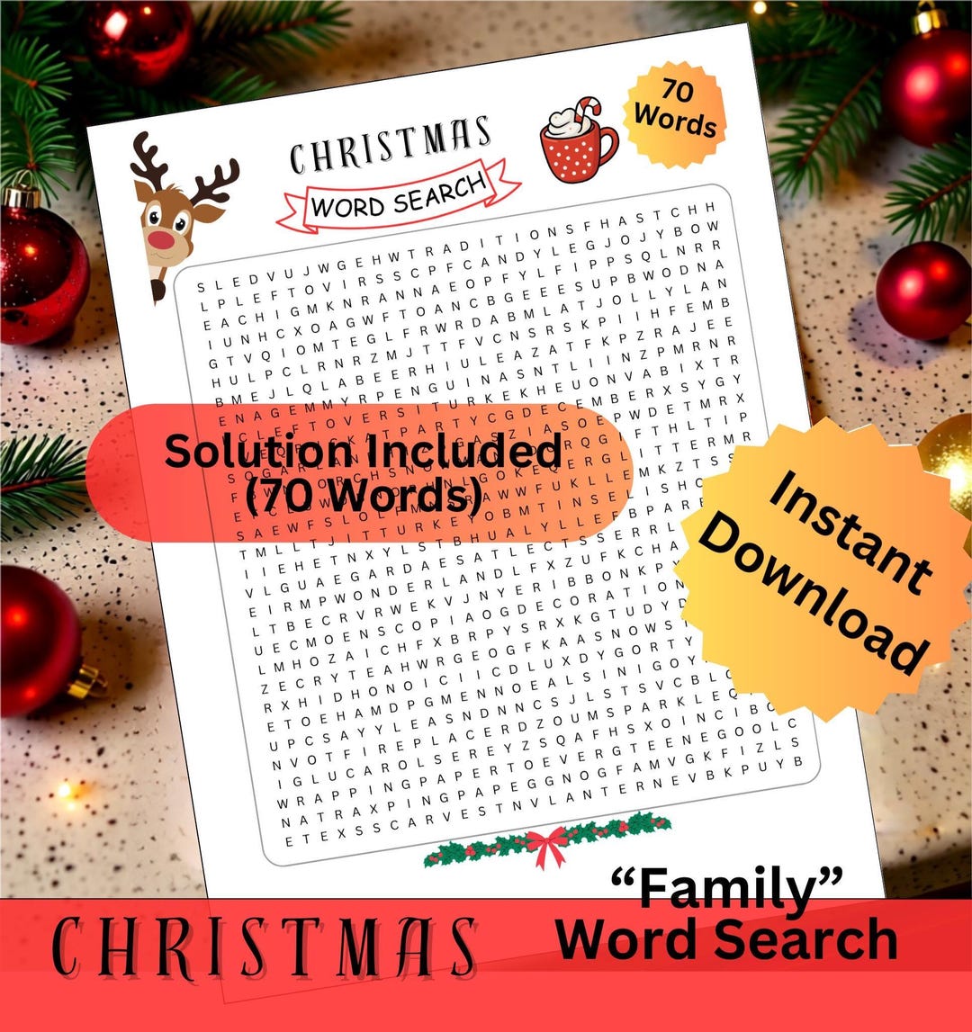 Christmas Family Word Search Puzzle, Printable With 70 Words, Family ...