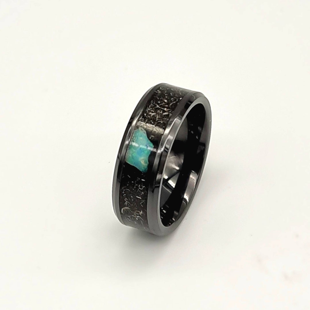 Meteorite and Black Opal Ring, Handmade Ceramic Ring Set With Genuine ...