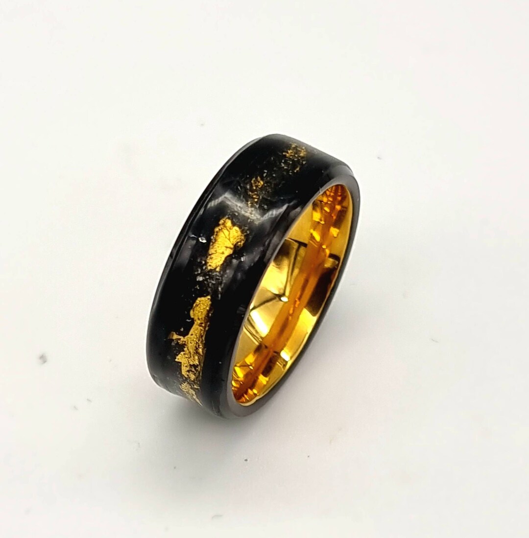 Handmade Meteorite Black and Gold Tungsten Ring - Etsy