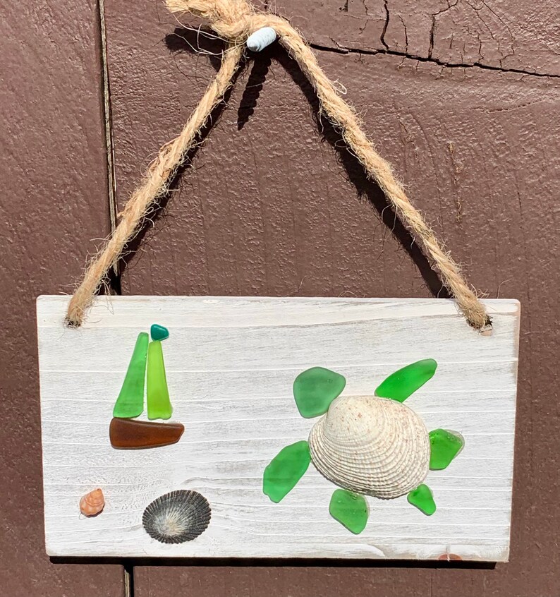 Sea Turtle Art, Sea Glass Sailboat Art, Beach House Décor, Genuine Sea ...