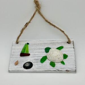 Sea Turtle Art, Sea Glass Sailboat Art, Beach House Décor, Genuine Sea ...