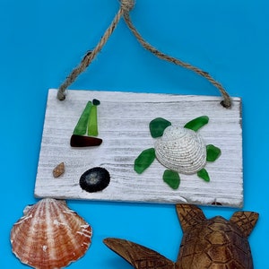 Sea Turtle Art, Sea Glass Sailboat Art, Beach House Décor, Genuine Sea ...