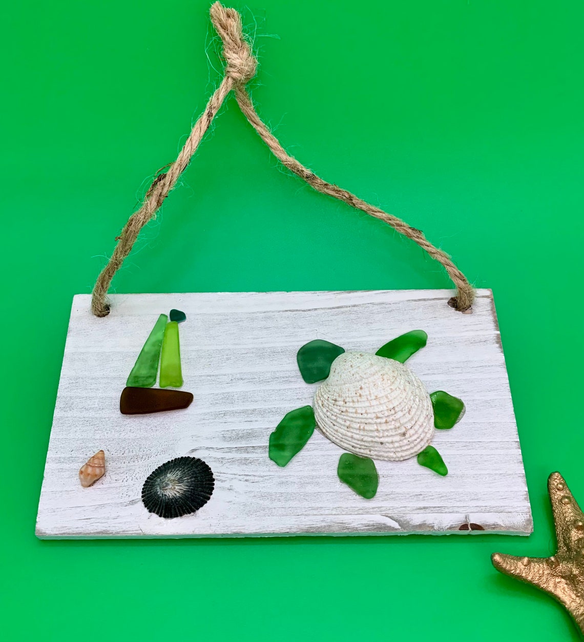 Sea Turtle Art, Sea Glass Sailboat Art, Beach House Décor, Genuine Sea ...
