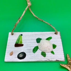 Sea Turtle Art, Sea Glass Sailboat Art, Beach House Décor, Genuine Sea ...