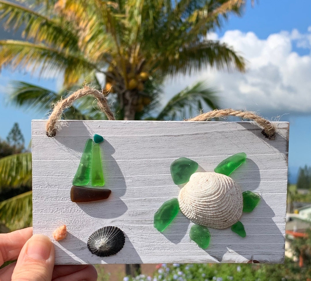 Sea Turtle Art, Sea Glass Sailboat Art, Beach House Décor, Genuine Sea ...