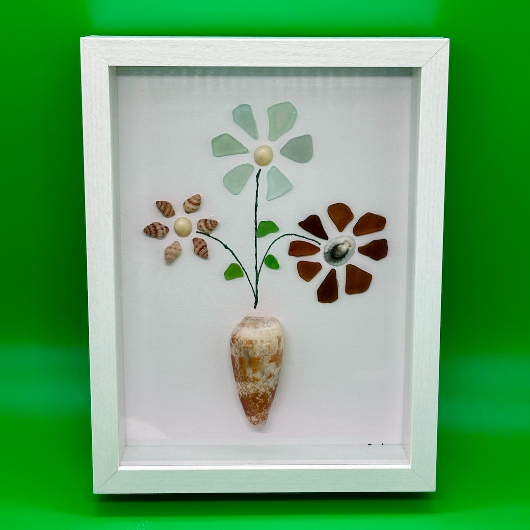Seashell and Sea Glass Flowers, Shadow Box, Made in Hawaii, Genuine ...