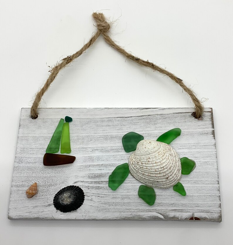 Sea Turtle Art, Sea Glass Sailboat Art, Beach House Décor, Genuine Sea ...