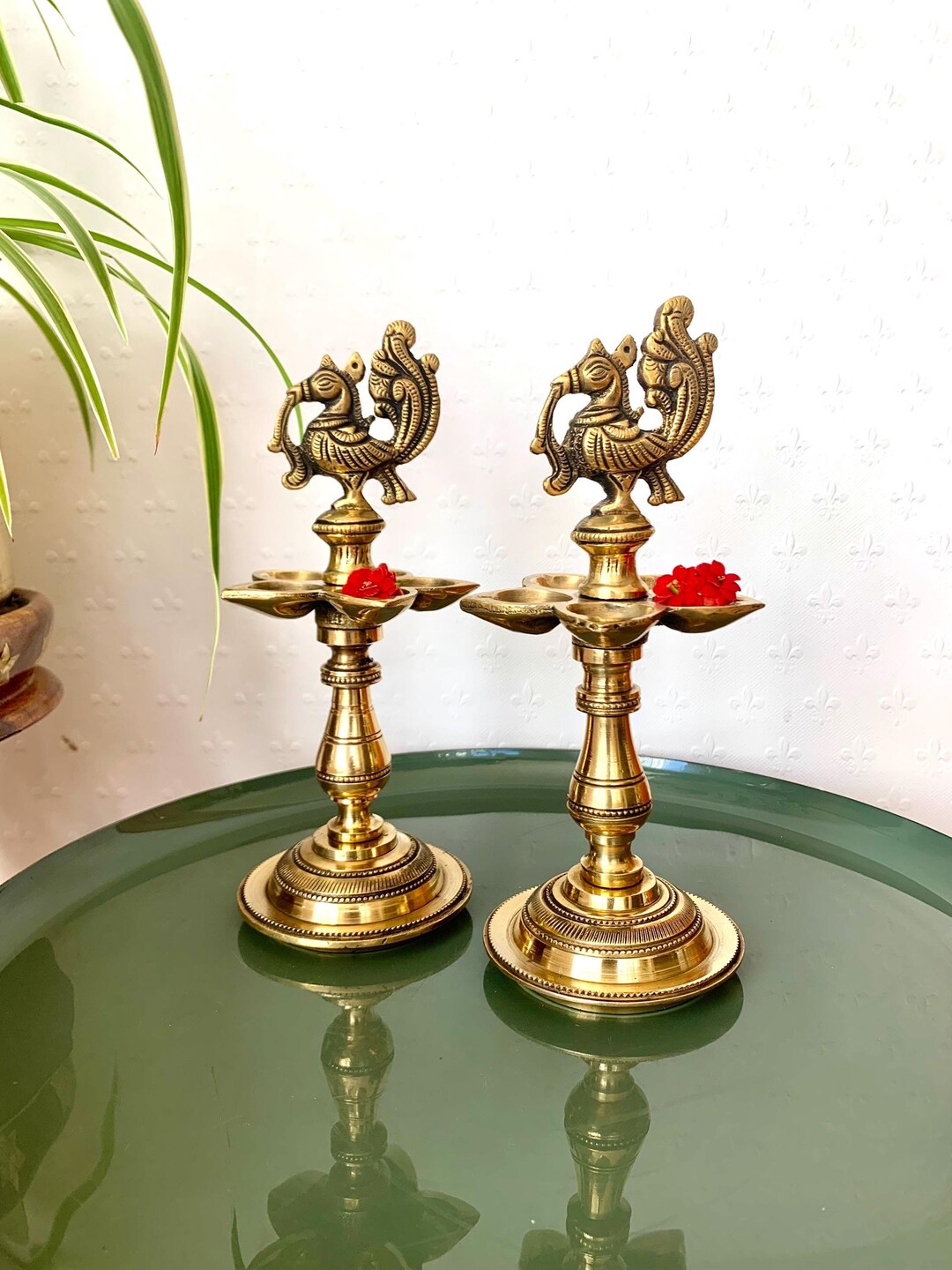 Brass 8” Inch Peacock Diya Pair;annapakshi Five Oil and Wick Lamps ...