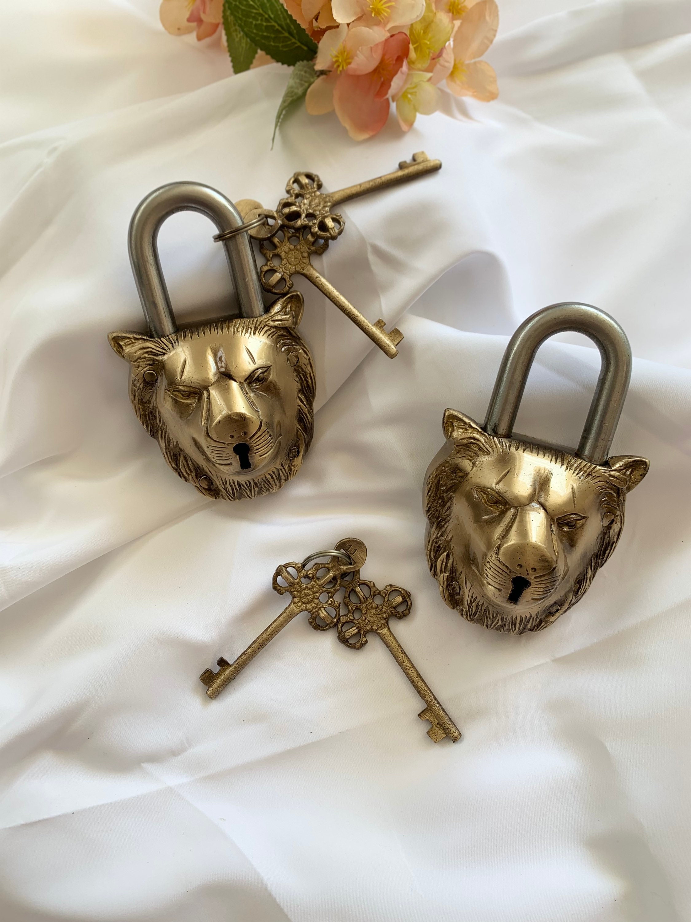 Brass Lion Padlock With Two Keys, Animal Functional Padlock, Antique ...