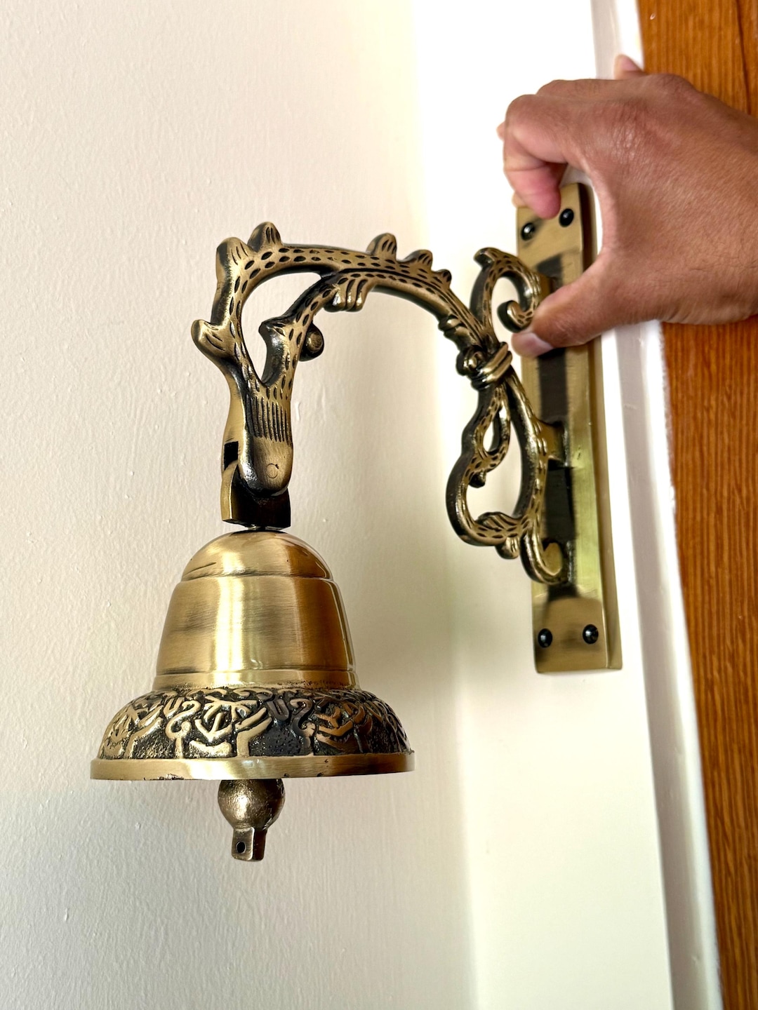 Antique Solid Brass Front Door Bell With Ornate Wall Bracket ...