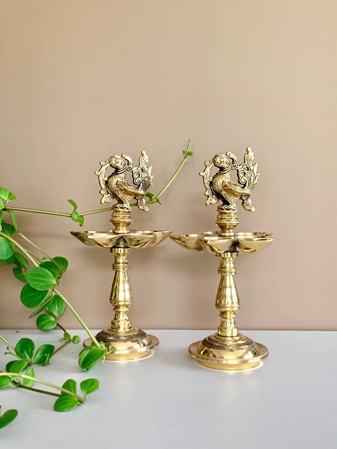 Brass 10 Inch Peacock Diya Pairannapakshi Five Oil and Wick Lampsindian ...