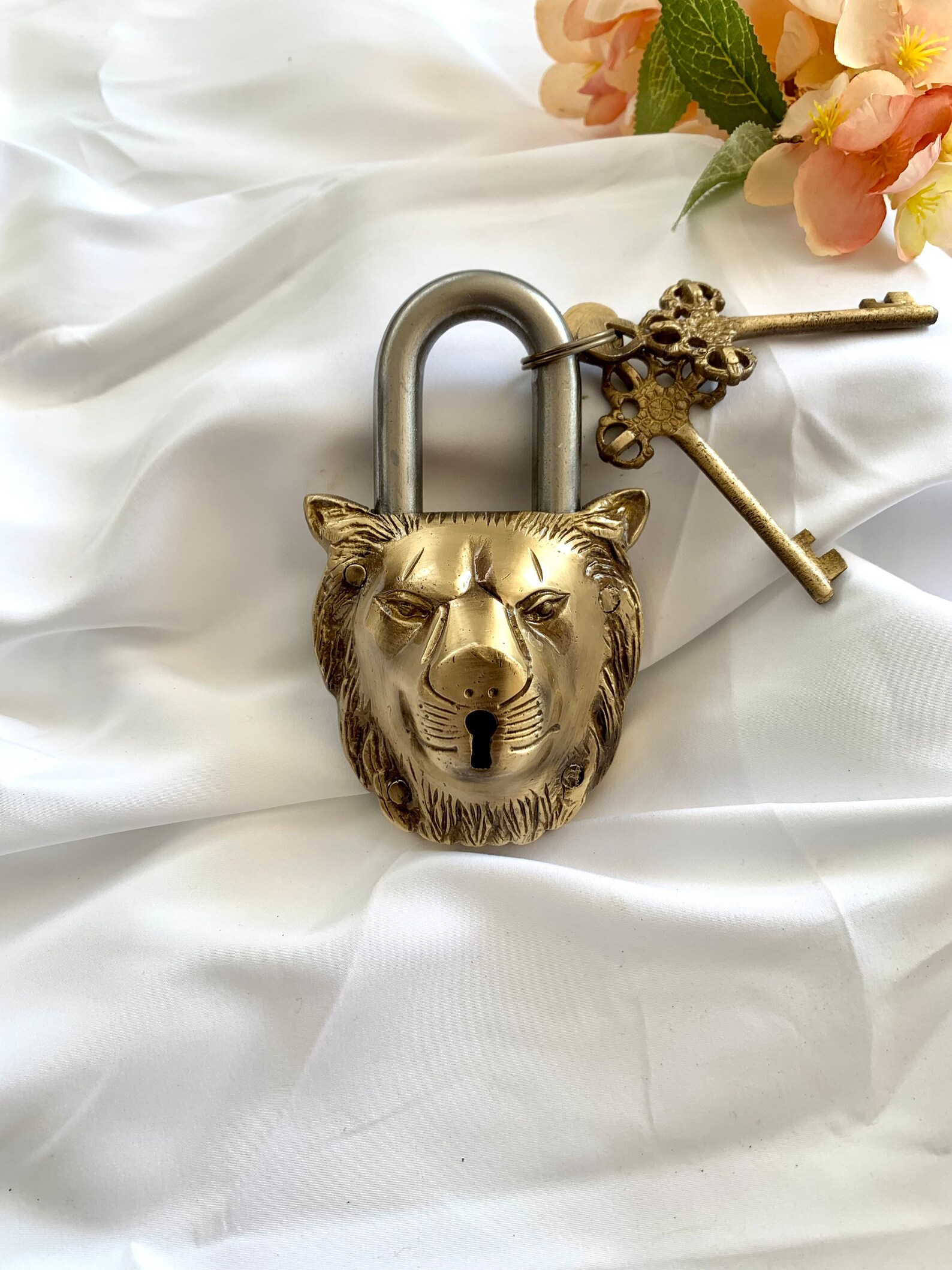 Brass Lion Padlock With Two Keys, Animal Functional Padlock, Antique ...