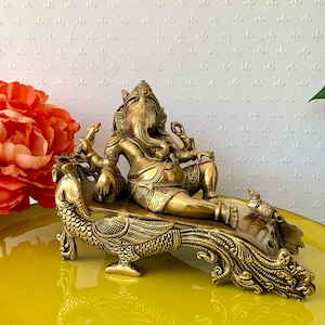 Brass Lord Ganesha Relaxing on Diwan Idol; Hindu Lord Ganapathi Statue ...