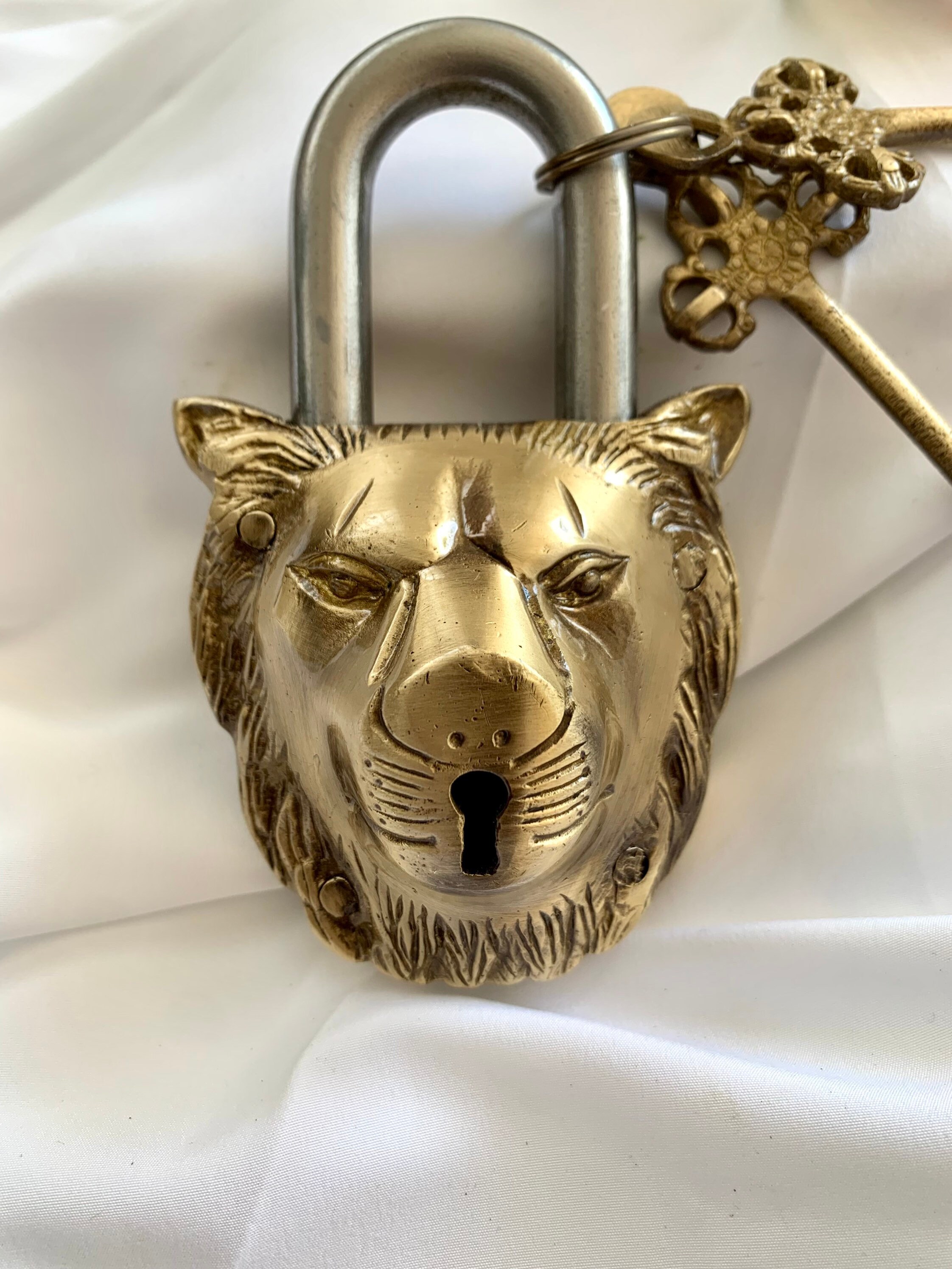Brass Lion Padlock With Two Keys, Animal Functional Padlock, Antique ...