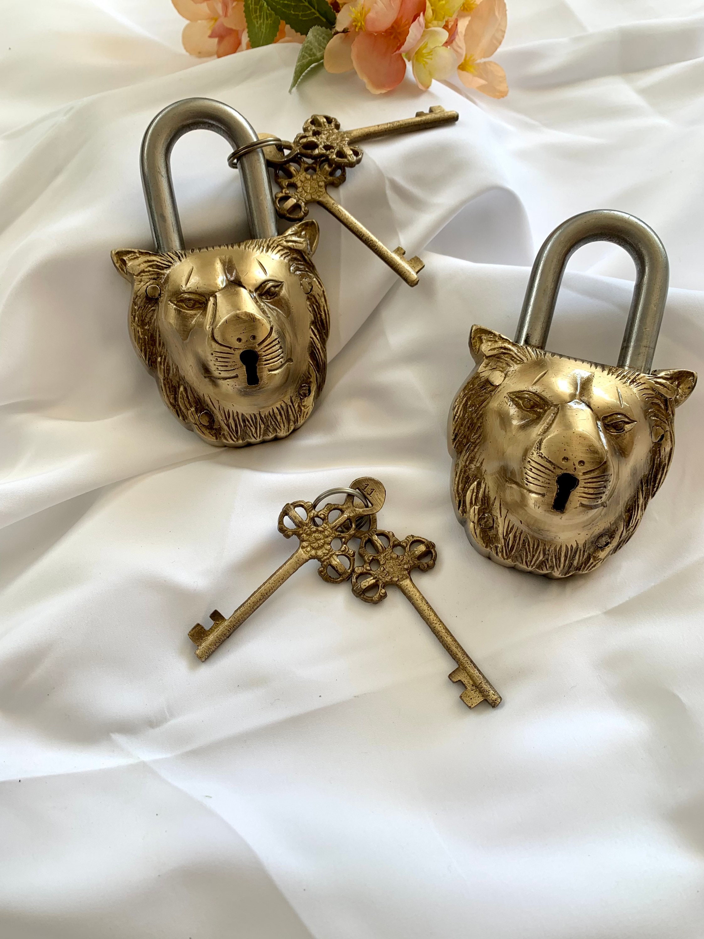 Brass Lion Padlock With Two Keys, Animal Functional Padlock, Antique ...