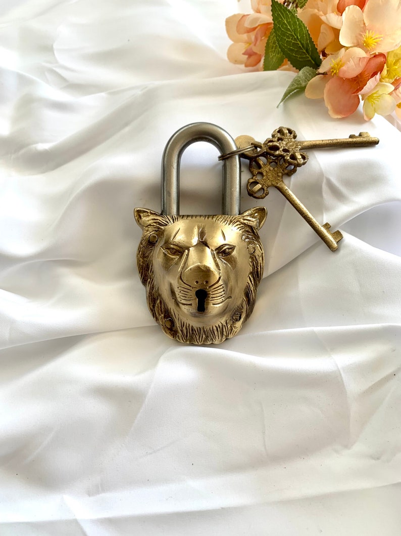 Brass Lion Padlock With Two Keys, Animal Functional Padlock, Antique ...