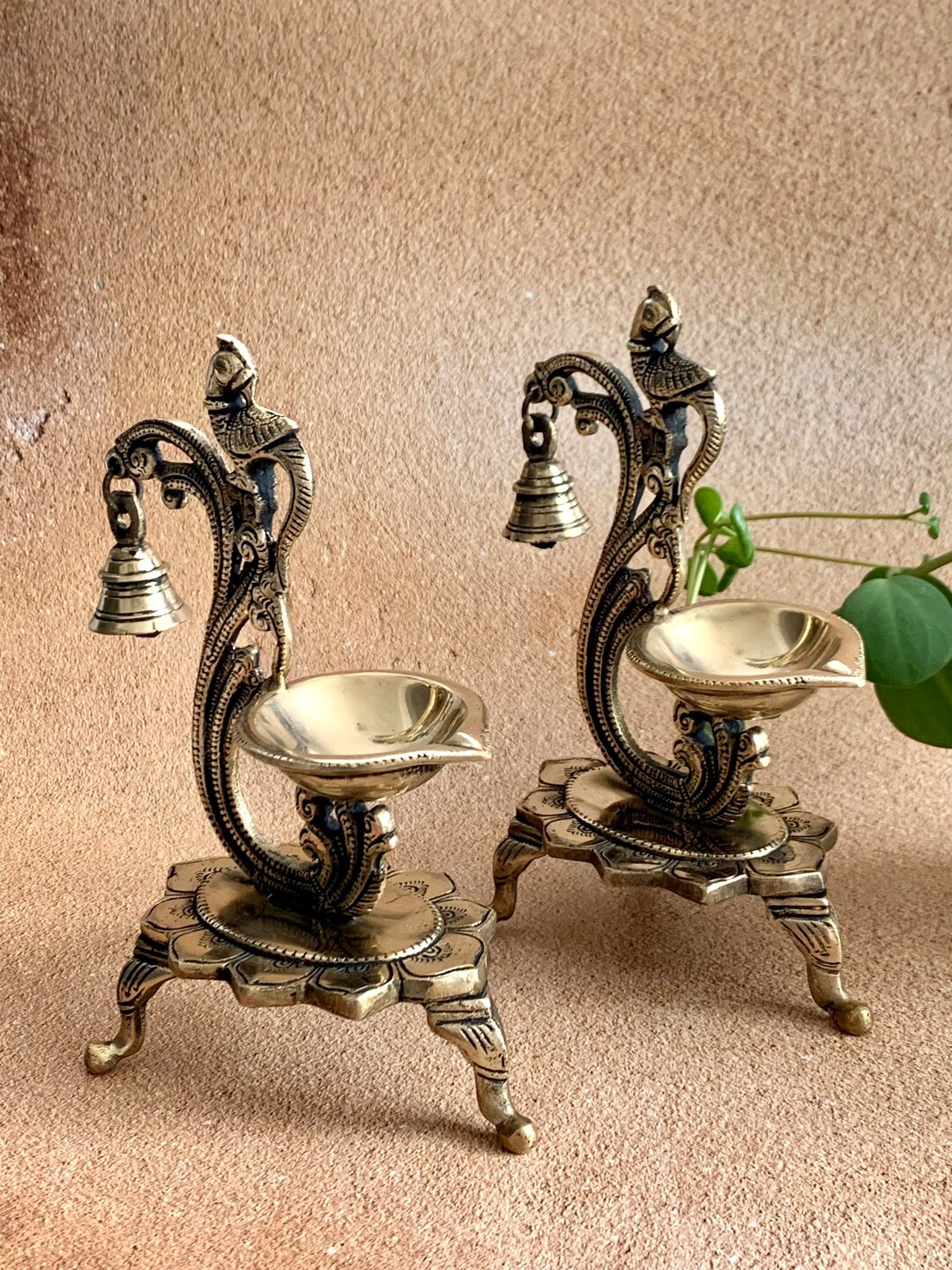 Brass Parrot Diya Stand With Bell 30cm Brass Traditional Indian Oil ...