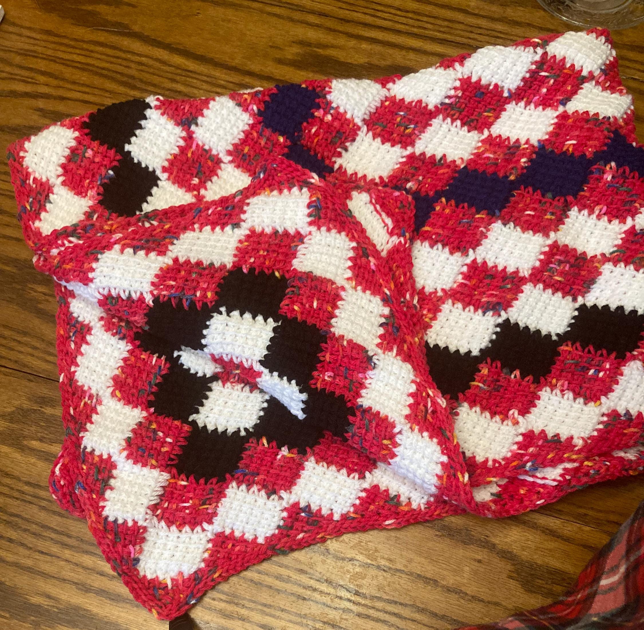 Eclectic Cozy Checkerboard Crochet Afghan, Red, White, Black, Navy ...