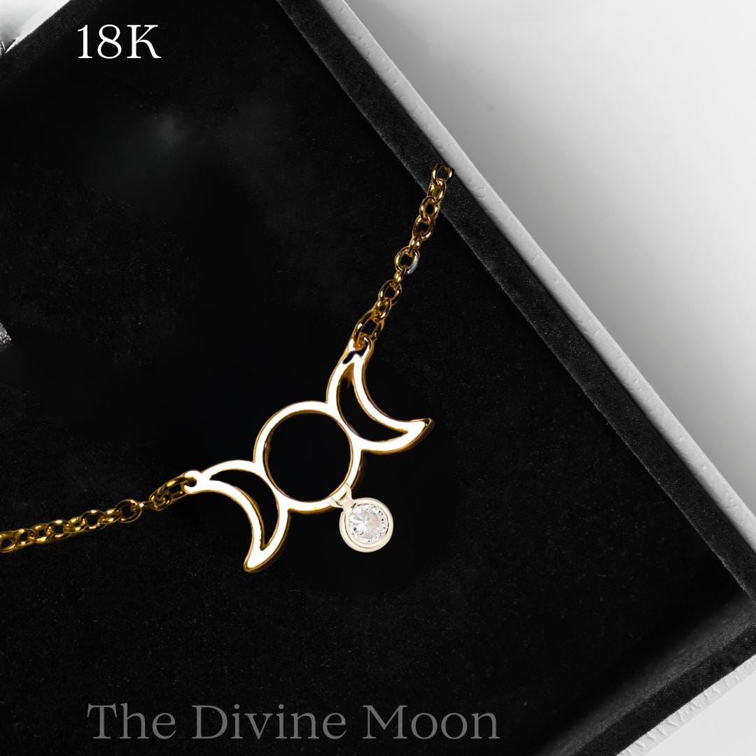 18K Gold Triple Moon Goddess Necklace With Rhinestones - Gold Moon ...
