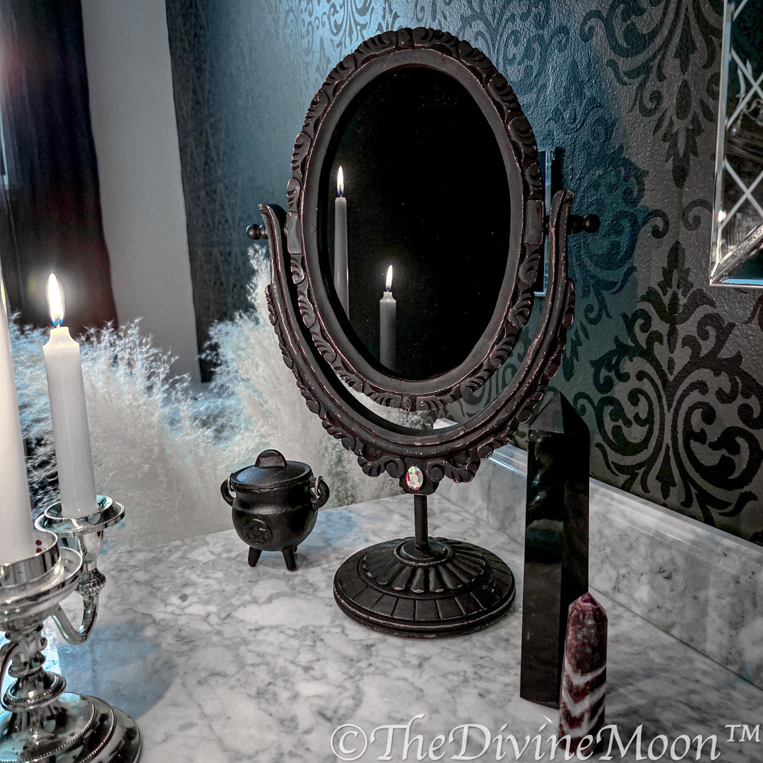 Large Vintage Standing Oval Black Scrying Mirror Gem- Psychic ...