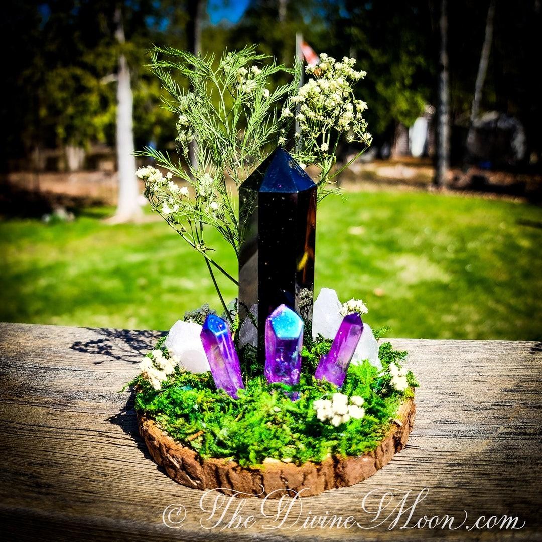 Wooden Slice Obsidian Crystal Tower Garden, Aura Quartz, Rose Quartz ...