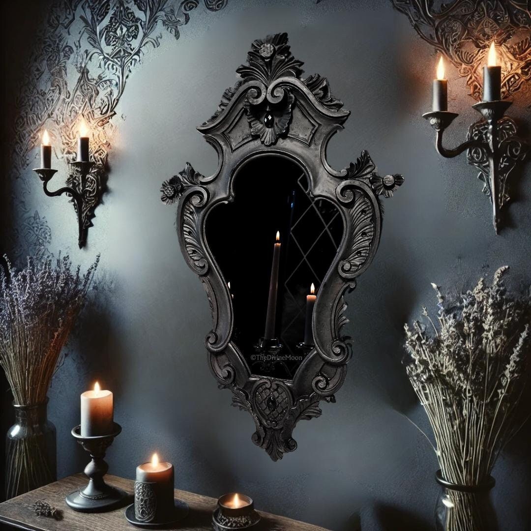 XL Vintage-style Black Scrying Mirror With Gems - Psychic Divination ...