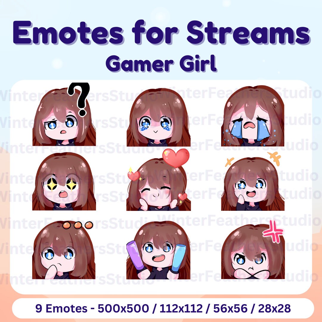Gamer Girl Twitch Emotes, Streaming Emote, Brown Hair Blue Eyes, Cute ...