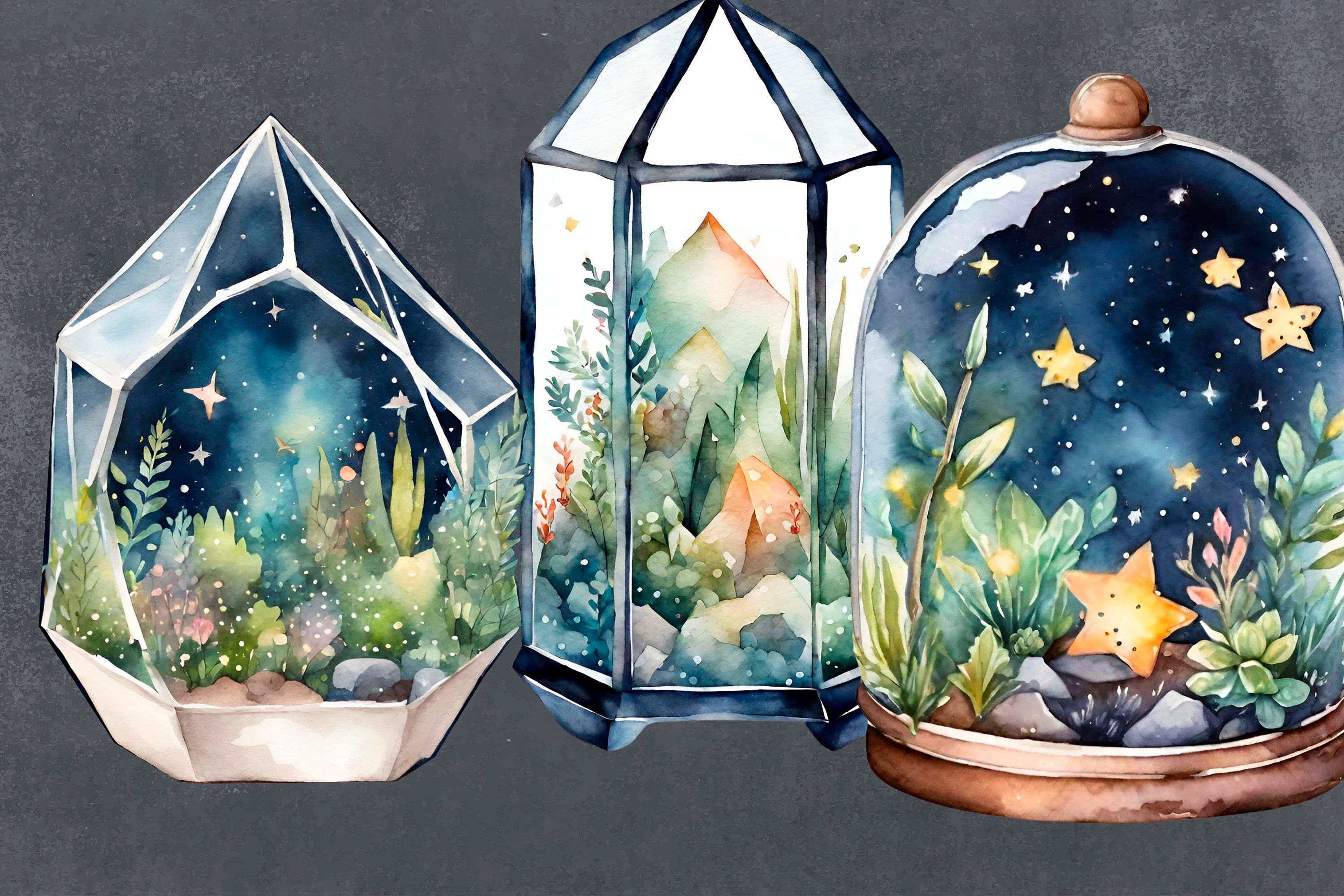 Enchanted Gardens Watercolor Terrariums Clip Art Magical Terrarium .png ...
