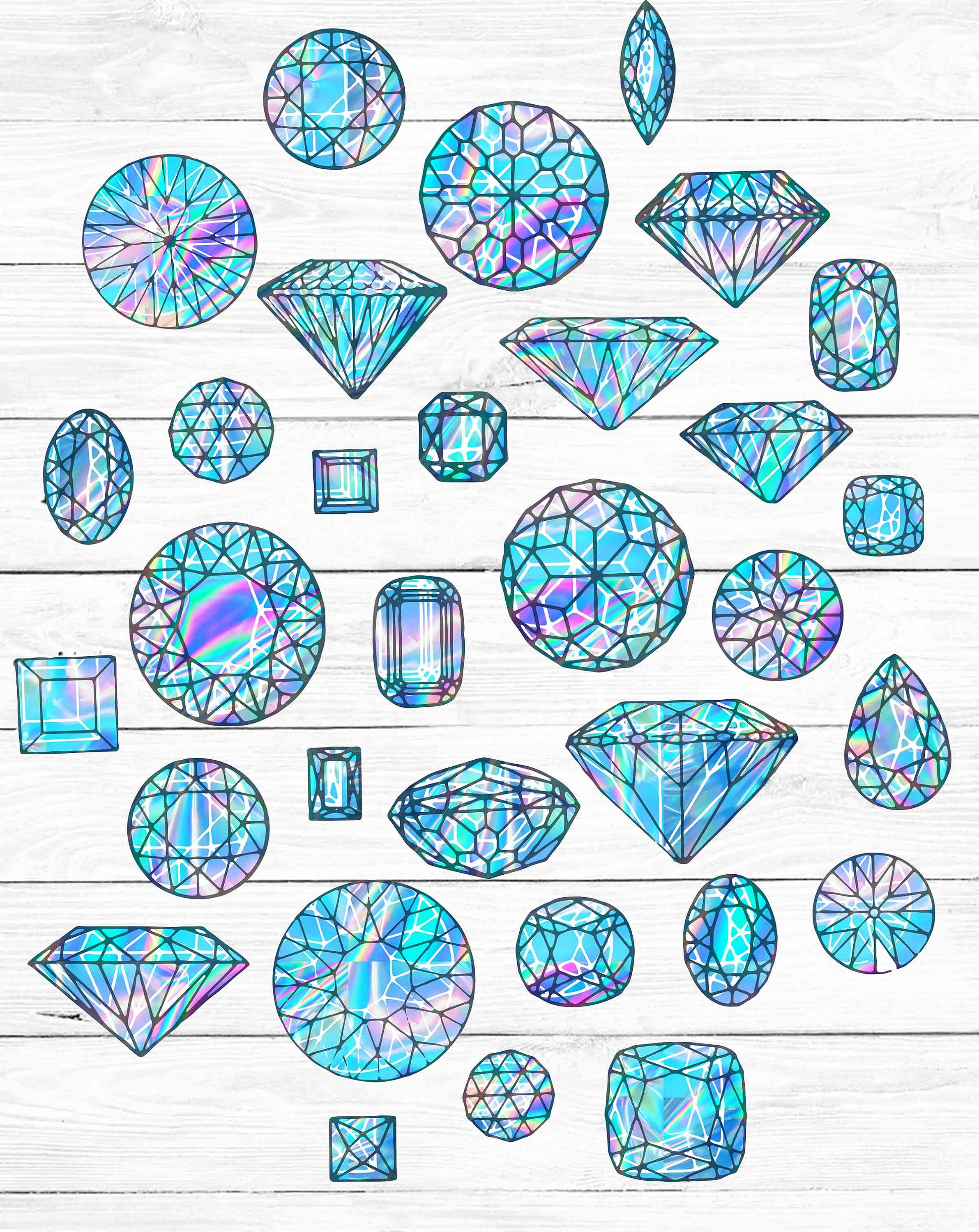 Diamond Clip Art Pack, Holographic Sparkly Diamond Crystal Gems ...