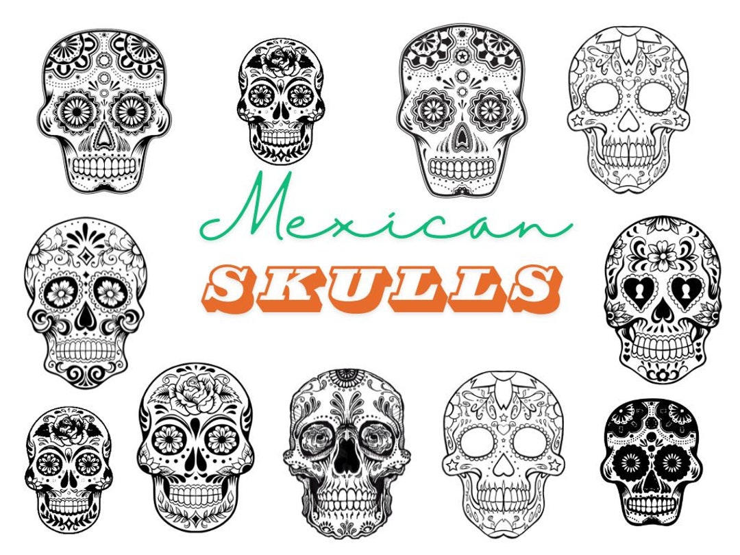 Sugar Skulls Clipart: 15 Black and White Calavera Designs (digital ...