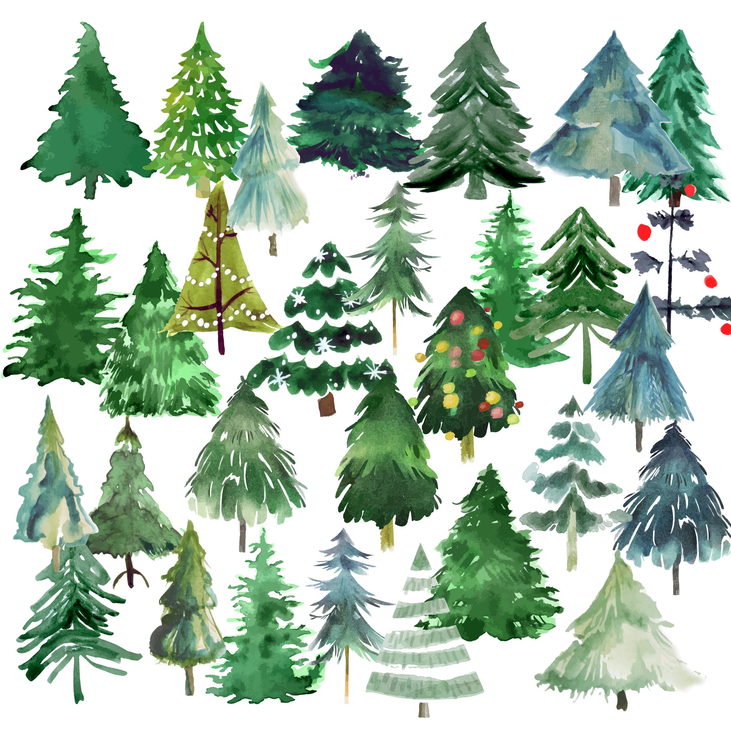 Watercolor Christmas Tree Clipart 30 PNG Christmas Pine Tree - Etsy