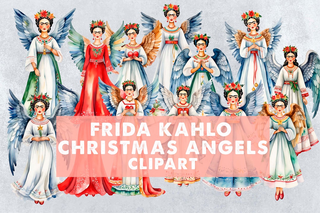 Ten Watercolor Frida Christmas Angels Digital Clip Art 10 Inch Tall