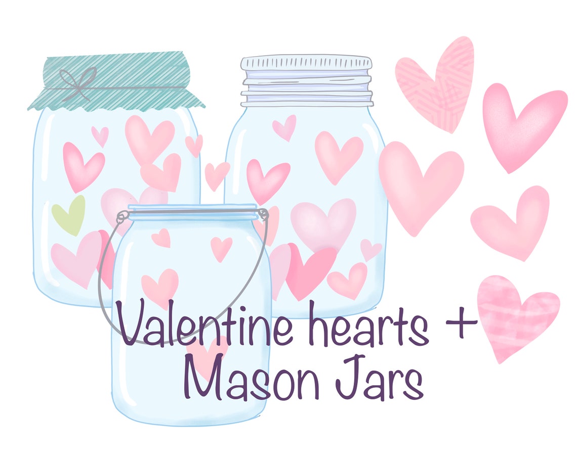 Hand Drawn Valentine Mason Jar Hearts Clip Art With FREE 12x12 - Etsy UK
