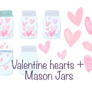 Hand Drawn Valentine Mason Jar Hearts Clip Art With FREE 12x12 Digital ...