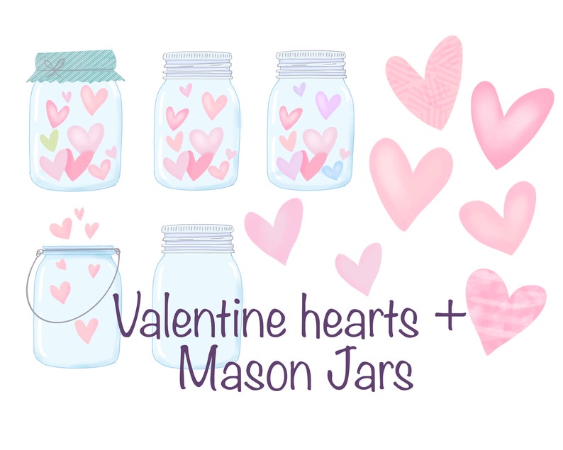 Hand Drawn Valentine Mason Jar Hearts Clip Art With FREE 12x12 Digital ...