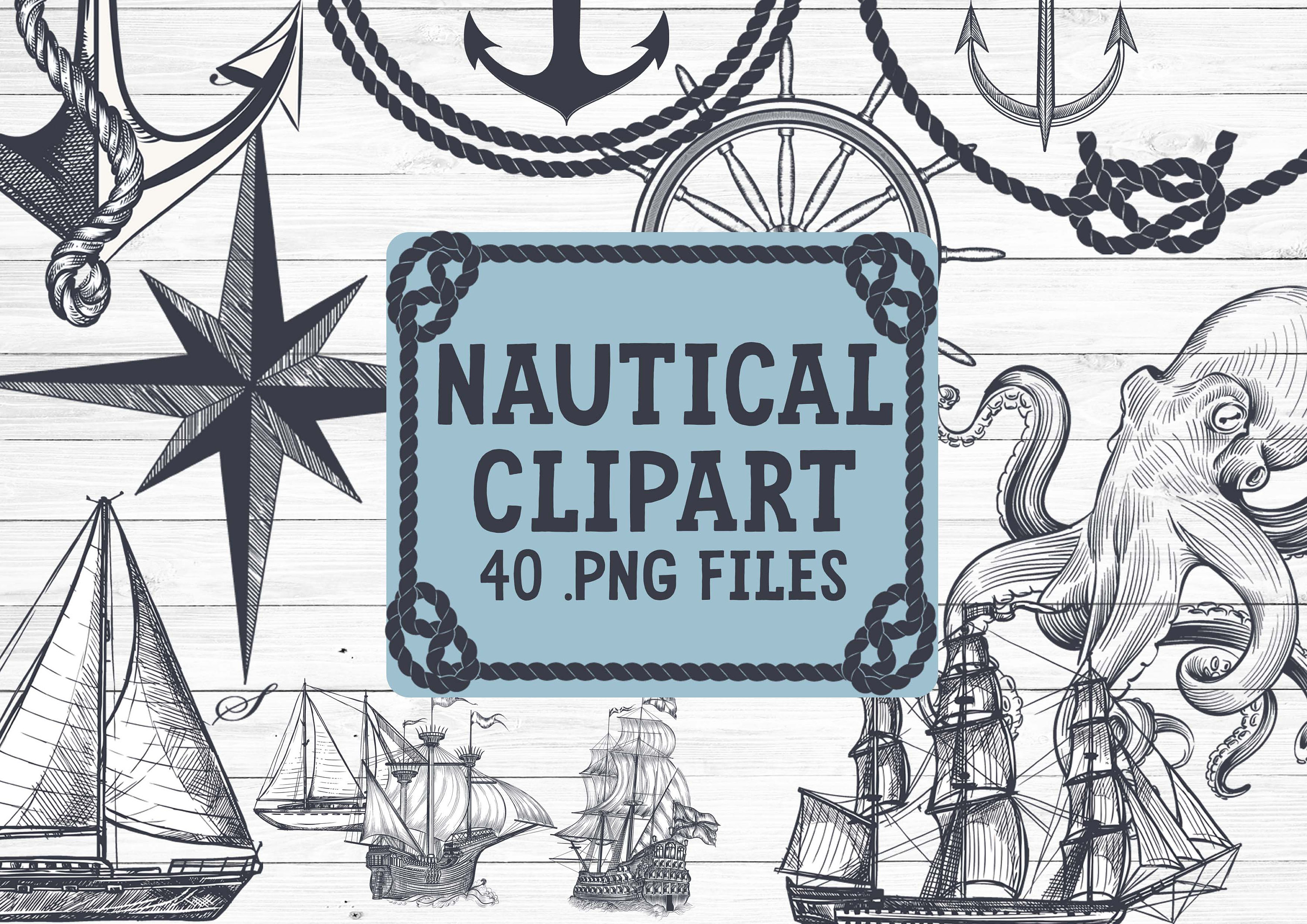 40 Nautical Clip Art Images | Ships, Anchors, Compass, Kraken | Instant ...