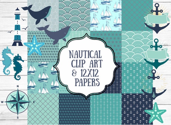 Nautical clip art and 12x12 digital paper backgrounds | Etsy