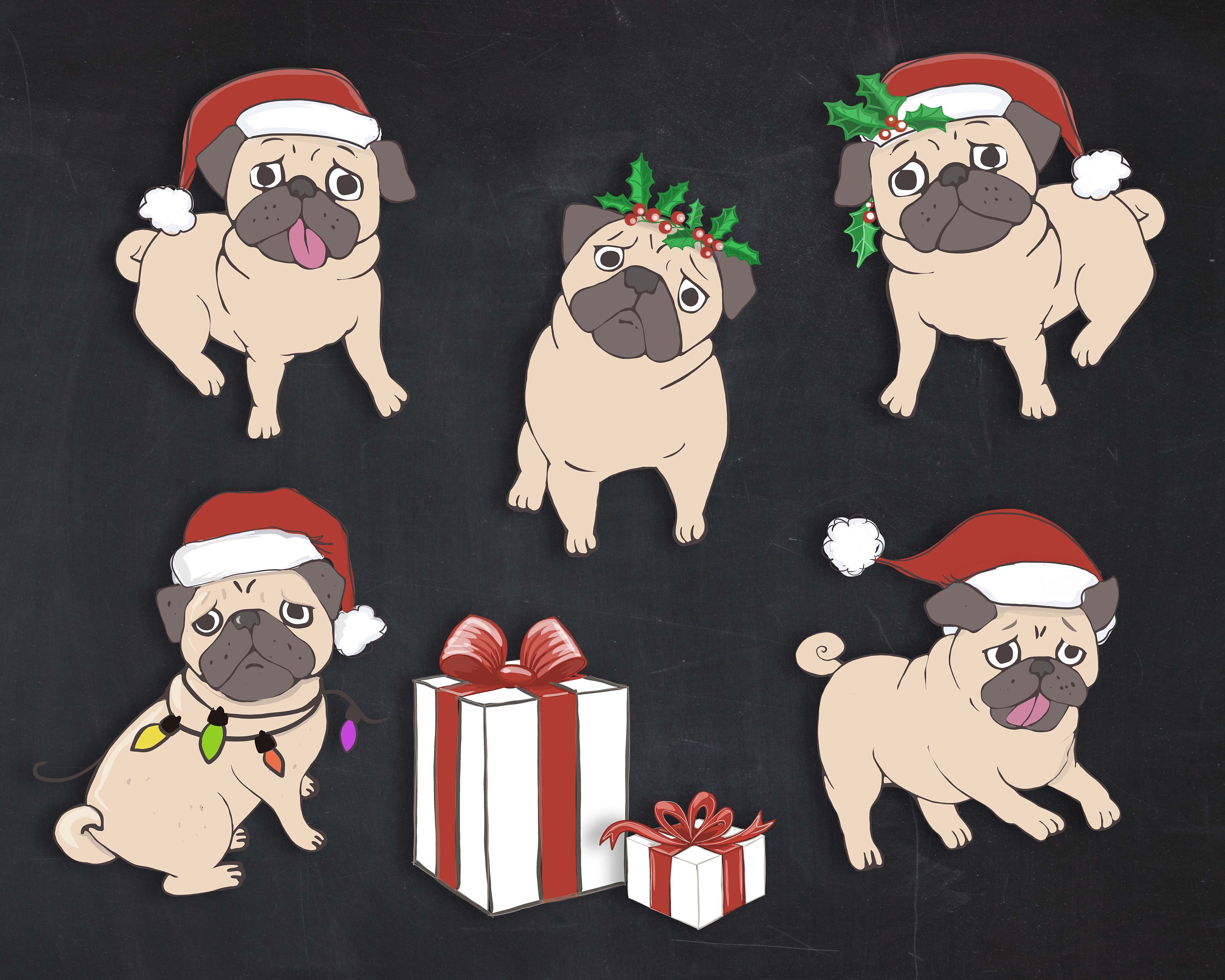 Christmas Pugs Digital Clip Art Png Files Holiday Pug Clipart - Etsy