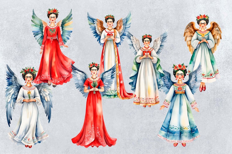 Watercolor Frida Christmas Angels Clip Art Digital Download Etsy