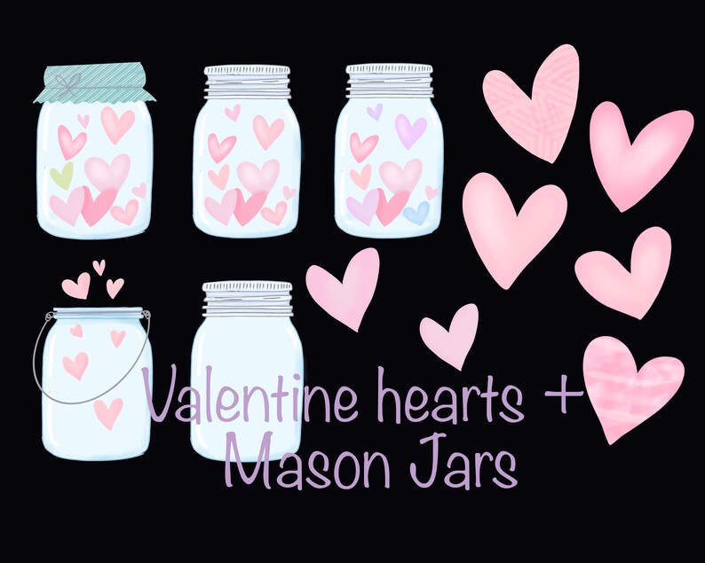 Valentine Mason Jar Hearts Clip Art: Hand-drawn PNG Files (digital ...