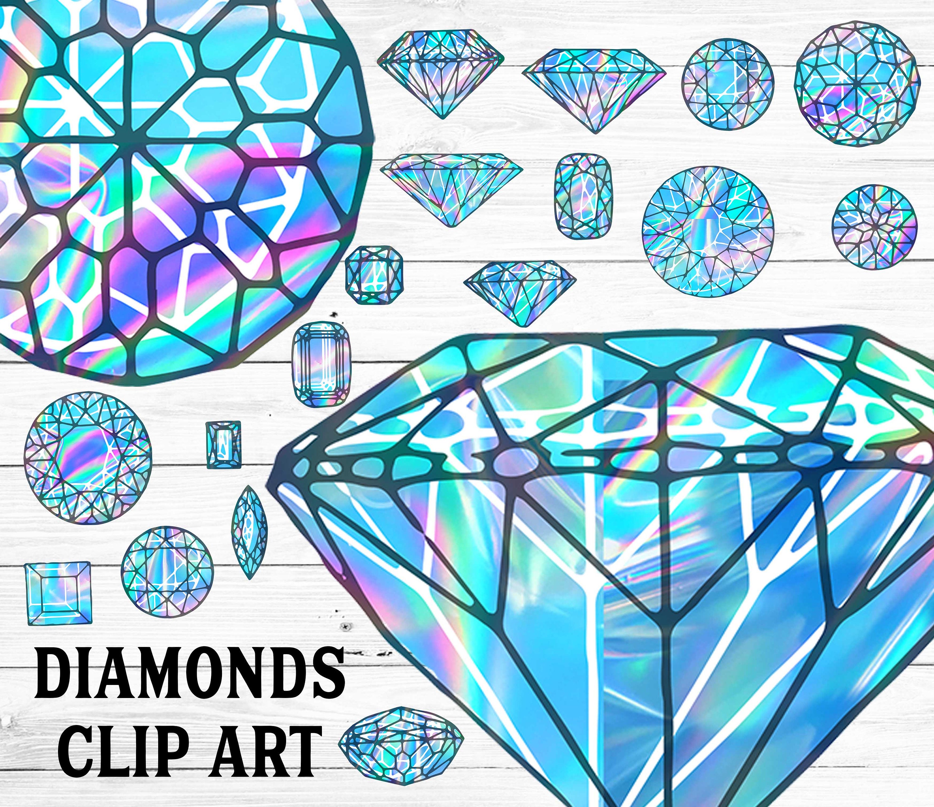 Diamond Clip Art Pack, Holographic Sparkly Diamond Crystal Gems ...