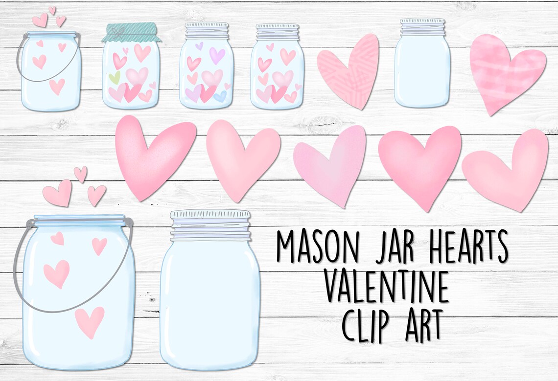 Hand Drawn Valentine Mason Jar Hearts Clip Art With FREE 12x12 - Etsy UK