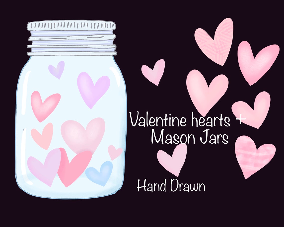 Hand Drawn Valentine Mason Jar Hearts Clip Art With FREE 12x12 - Etsy UK