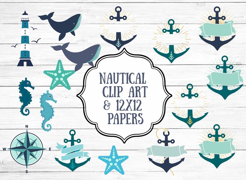 Nautical Clipart & 12x12 Digital Paper Set (300dpi .png) - Etsy