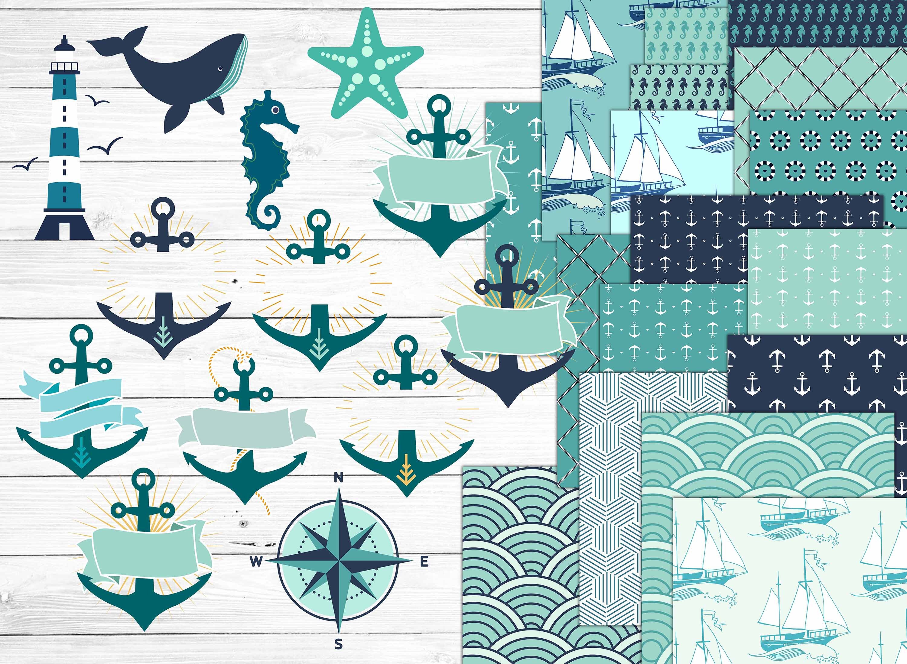 Nautical Clip Art and 12x12 Digital Paper Backgrounds Digital Clip Art ...