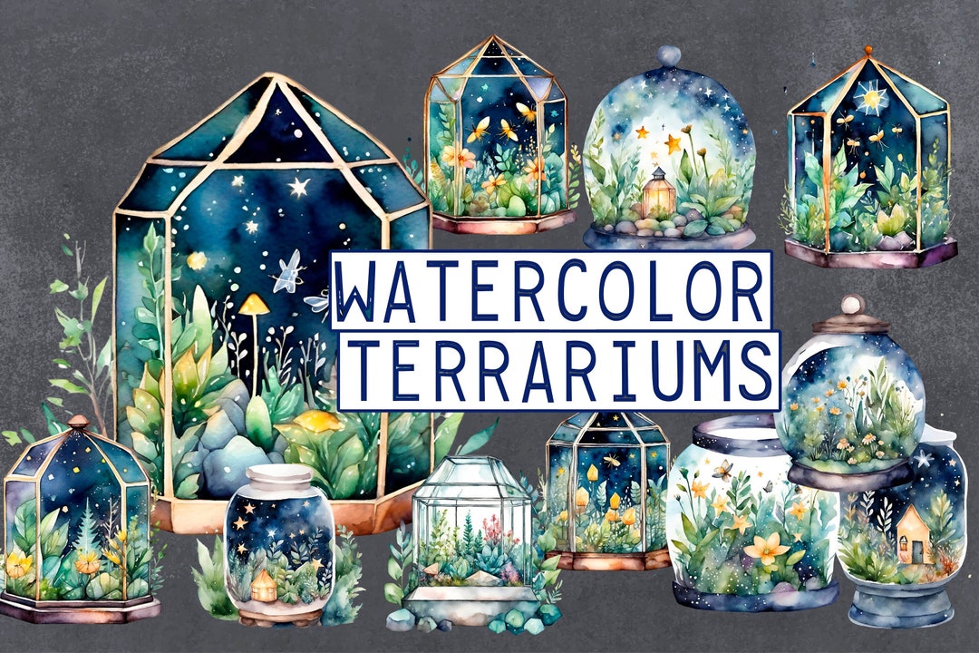Watercolor Terrarium Clipart: Enchanted Garden PNG Files (digital ...
