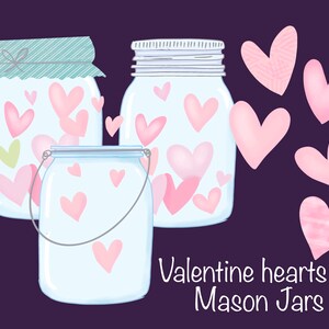 Hand Drawn Valentine Mason Jar Hearts Clip Art With FREE 12x12 Digital ...